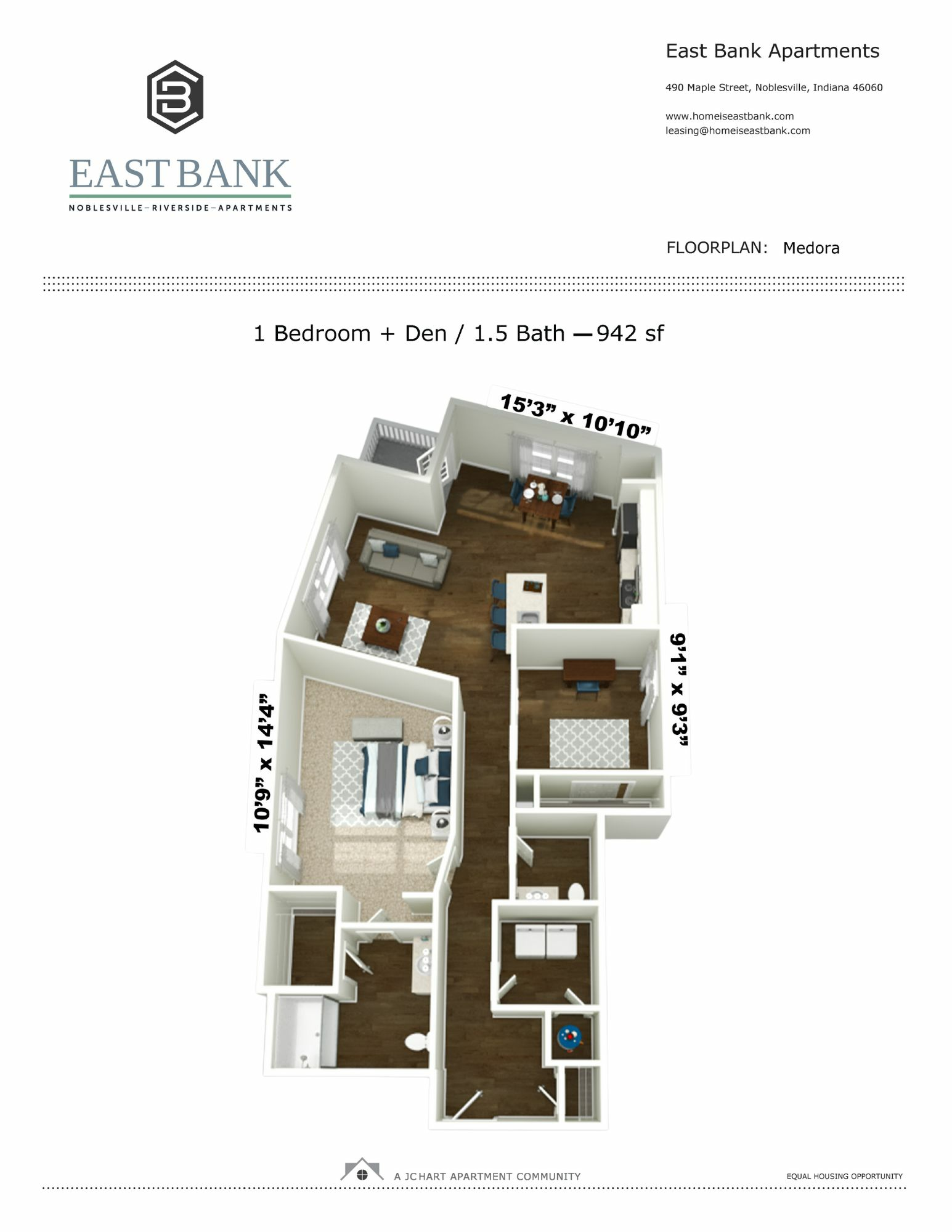 Medora One Bedroom + Den Studio Floor Plan | East Bank Apartments